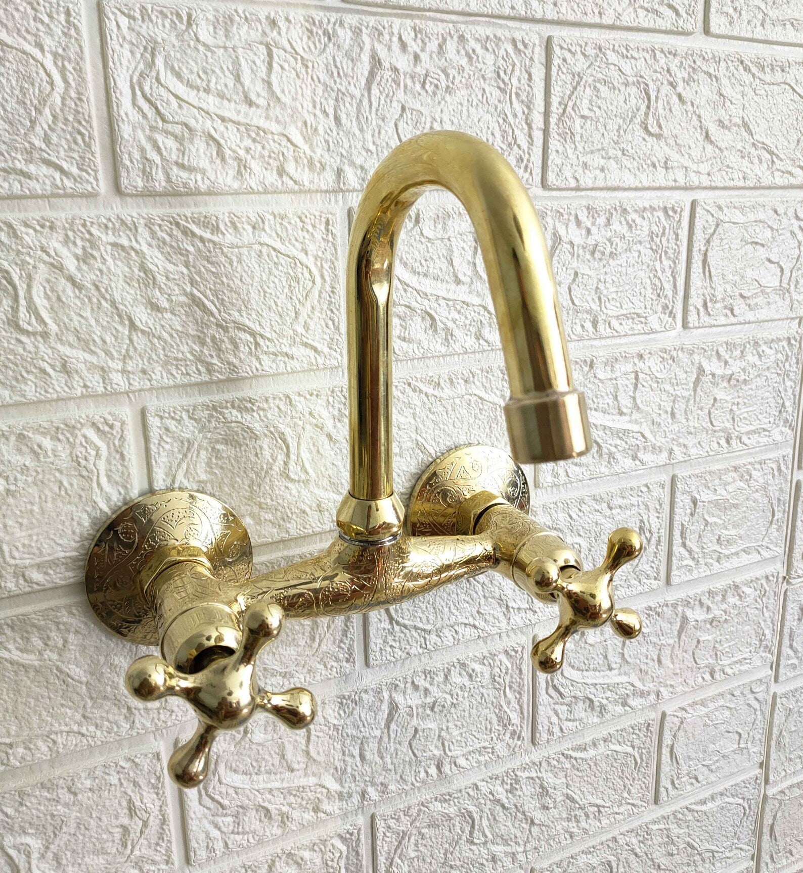 Unlacquered Brass Wall Mounted Faucet Two-Handle 6 inch Kitchen Faucet ...